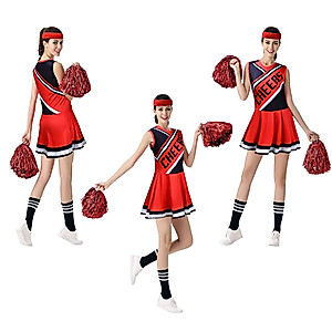 AOMIG Girl's Cheerleader Costumes - Cheerleader Uniform Dress without Sleeve with Pom Poms and Headband, Girl's School Musical Birthday Party Costumes Cheerleader Suit(S,Red)