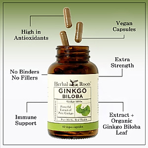 Herbal Roots Organic Ginkgo Biloba Made with Pure Organic Ginkgo Leaf - 1,400mg per Serving, 60 Vegan Capsules