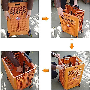RAZZUM Large Hand Trucks,Plastic Folding Supermarket Shopping Cart Portable Trolley Car Luggage Push Storage Box Storage Box Trolleys/Orange