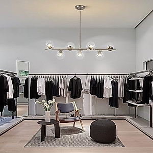 KCO Lighting Modern 7-Light Brushed Nickel Metal Large Chandelier Nordic Clear Glass Globe Farmhouse Pendant Light Silver Minimalist Adjustable Kitchen Island Hanging Ceiling Lights