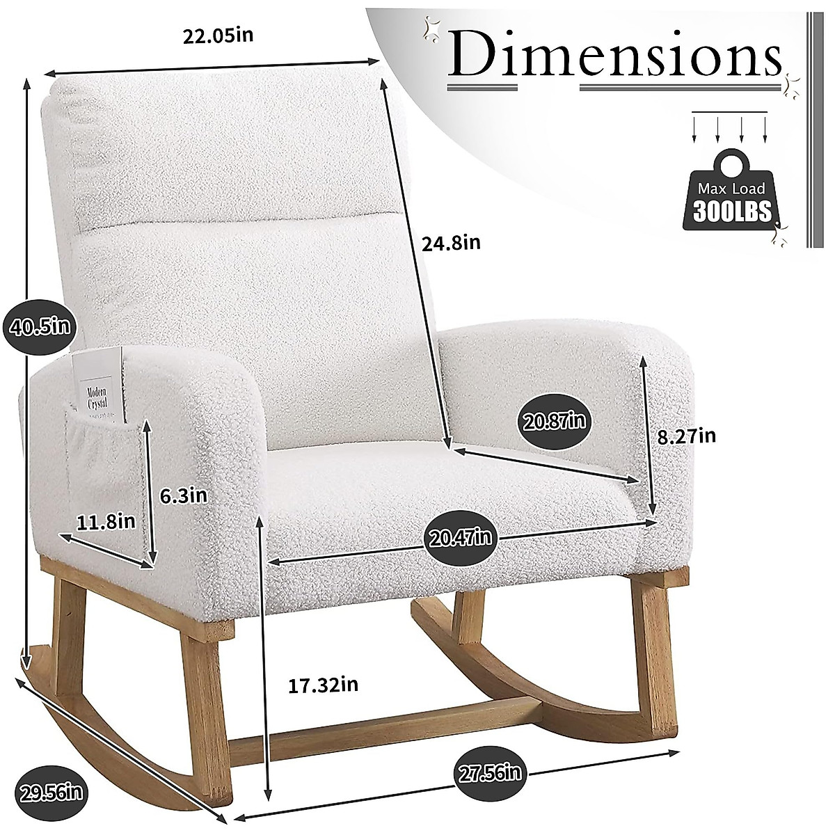 HOMYKA Nursery Rocking Chairs,Teddy Glider Rocker for Mom with High Backrest,Side Pocket and Extended Wood Legs for Bedroom Living Room, White Sherpa