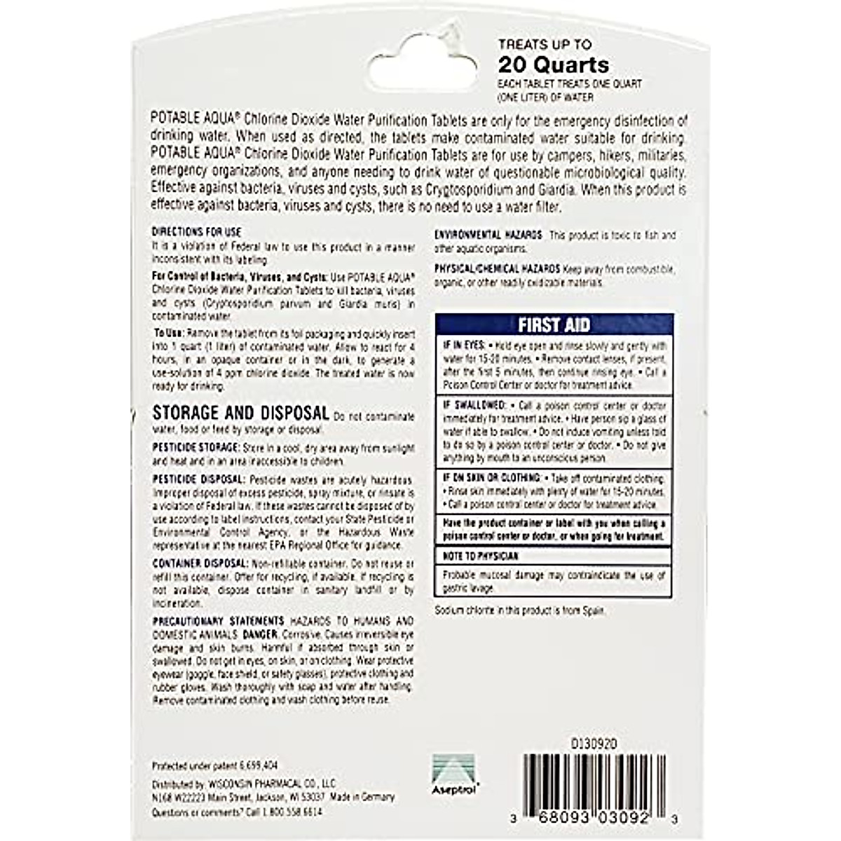 Potable Aqua Chlorine Dioxide Water Purification Tablets - 20 Count
