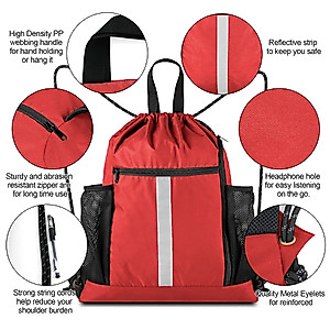 BeeGreen Red Drawstring Backpack Gymsack Bag with Shoe Compartment and Two Side Mesh Pockets Lightweight Durable Sports Cinch Sackpack 1 Pack for Women Men Workout Swim