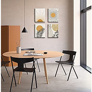 Abstract Bohemian Wall Art Sun Prints - Boho Line Poster Pictures Mid Century Canvas Artwork Framed 12x16 Inches Plant Leaf Minimalist Painting Home Decoration for Bedroom Bathroom Living Room Decor