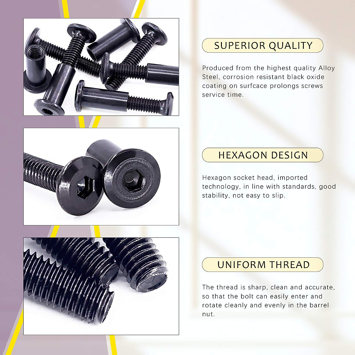 Swpeet 25Pcs M6x30mm Carbon Steel Black Hex Drive Socket Cap Bolts Barrel Nuts Assortment Kit with 1Pcs Allen Wrench, Screw Post Fit for Furniture Countsunk Belt Buckle Leather Binding Bolts