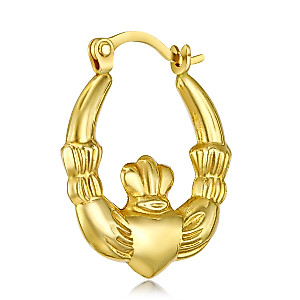 14k REAL Yellow Gold Fancy Claddagh Hoop Earrings (15 x 15mm)