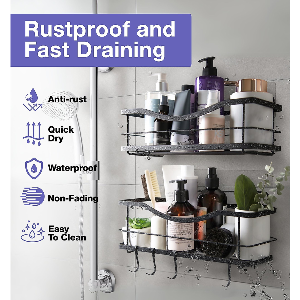 KINCMAX Shower Caddy Bathroom Shelf, No Drilling Traceless Adhesive Bathroom Storage Organizer, SUS304 Rustproof Food Storage Basket, 2-in-1 Kitchen Spice Racks-2 Pack (Matte Black)