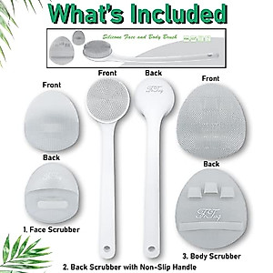 FeTuq Set of 3 Silicone Bath Brushes - Pack Includes Silicone Body Scrubber, Facial Cleansing Brush, Silicone Back Scrubber for Shower with Long Handle - Body Buffer Silicone Scrubber for Dull Skin