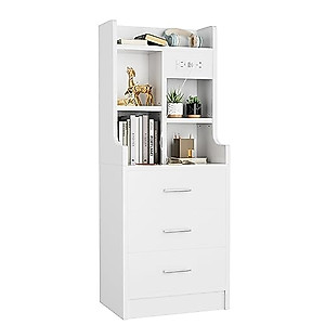 YESHOMY Nightstand with Charging Station and USB Ports, 47" Tall End Table with Adjustable Bookshelf, 3 Drawers with Storage Cabinet for Home Bedroom, Livingroom, White
