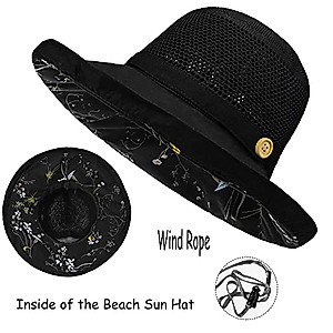 Mesh-Breathable Sun-Hat for Women,Floral Wide-Brim Beach Bucket Hat with Detachable Chin Strap Girls Teens Fishing Hat (as1, Alpha, l, Black with Flower Printed, Large)