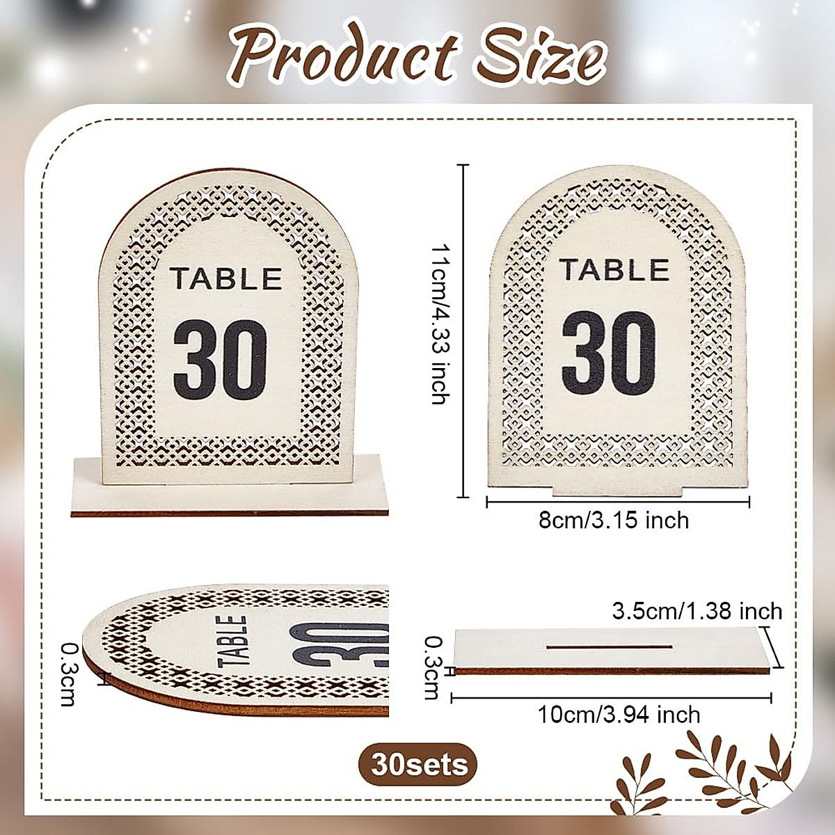 OLYCRAFT 30 Sets Wooden Table Number Signs 3.1x4.3 Inch Numbers 1~30 Rattan Openwork Wooden Sign Wedding Table Numbers Stands with Base Table Number Display for Restaurant Receptions Wedding Supplies