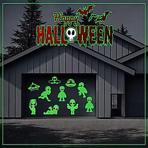 Xuhal 10 Pieces Halloween Garage Door Decorations Glow in The Dark Alien UFO Garage Magnetic Stickers Luminous Garage Door Magnets Waterproof Magnet Fridge Car Magnets Decal Alien Party Supplies
