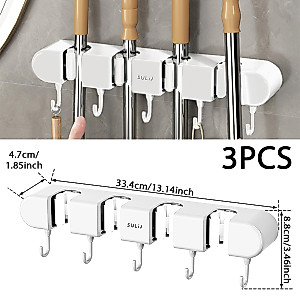 kaimenhong 3Pcs Mop Holder with Hooks, Mop and Broom Organizer, Punch Free Mop and Broom Holder Wall Mount Broom Rack, Broom Hanger for Laundry Room, Garage Organization, Easy to Install