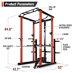 RitFit Power Cage with LAT Pull Down and 360° Landmine, 1000LB Capacity Power Rack Full Home Gym for Weightlifting, Come with J-Cups,Dip Bars and Other Attachments (2023 Version PPC02)-Orange
