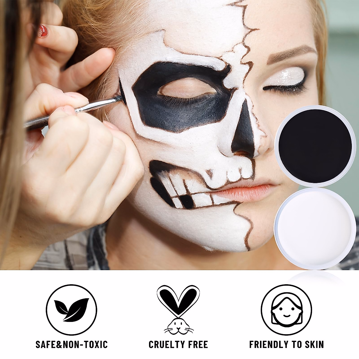 BOBISUKA Halloween Cosplay SFX Makeup Black + White Face Body Paint Special Effects Makeup Kit Dress Up Non Toxic Face Painting Kits for Adult Full Coverage Face paint Fx Make Up