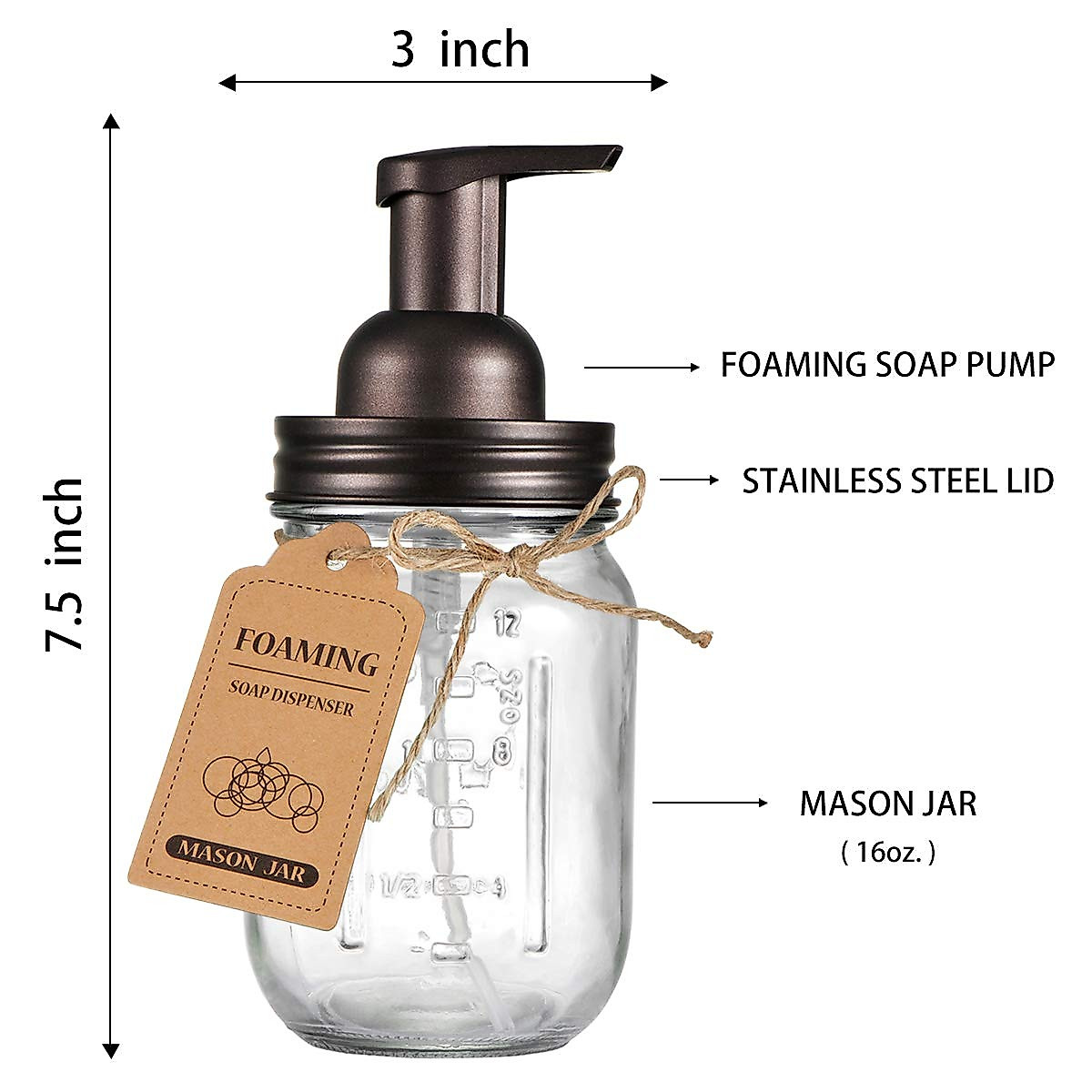 SheeChung Mason Jar Foaming Soap Dispenser - Rustproof Stainless Steel Lid&Foaming Soap Pump,Best Hand Foam Soap Dispenser Glass for Bathroom Vanities or Kitchen Sink,Countertops - Bronze (2 pk)