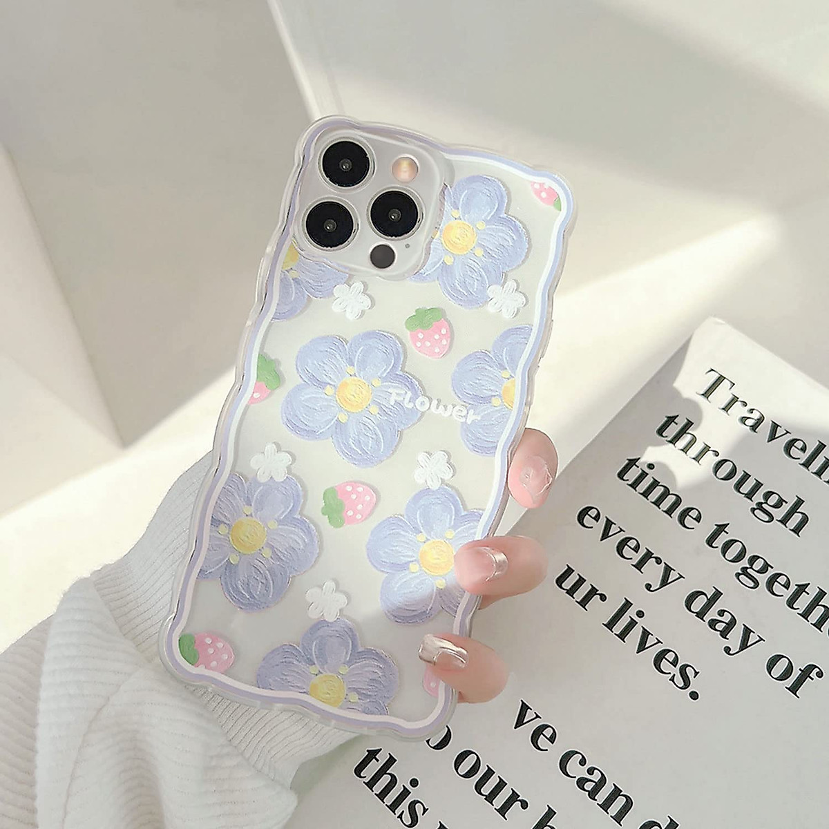 Ownest Compatible for iPhone 13 Pro Max Clear Case 6.7 Inch with Flower Cute Strawberry Lace Design for Girls Woman TPU Protective Slim Shockproof Floral Case for iPhone 13 Pro Max-Blue