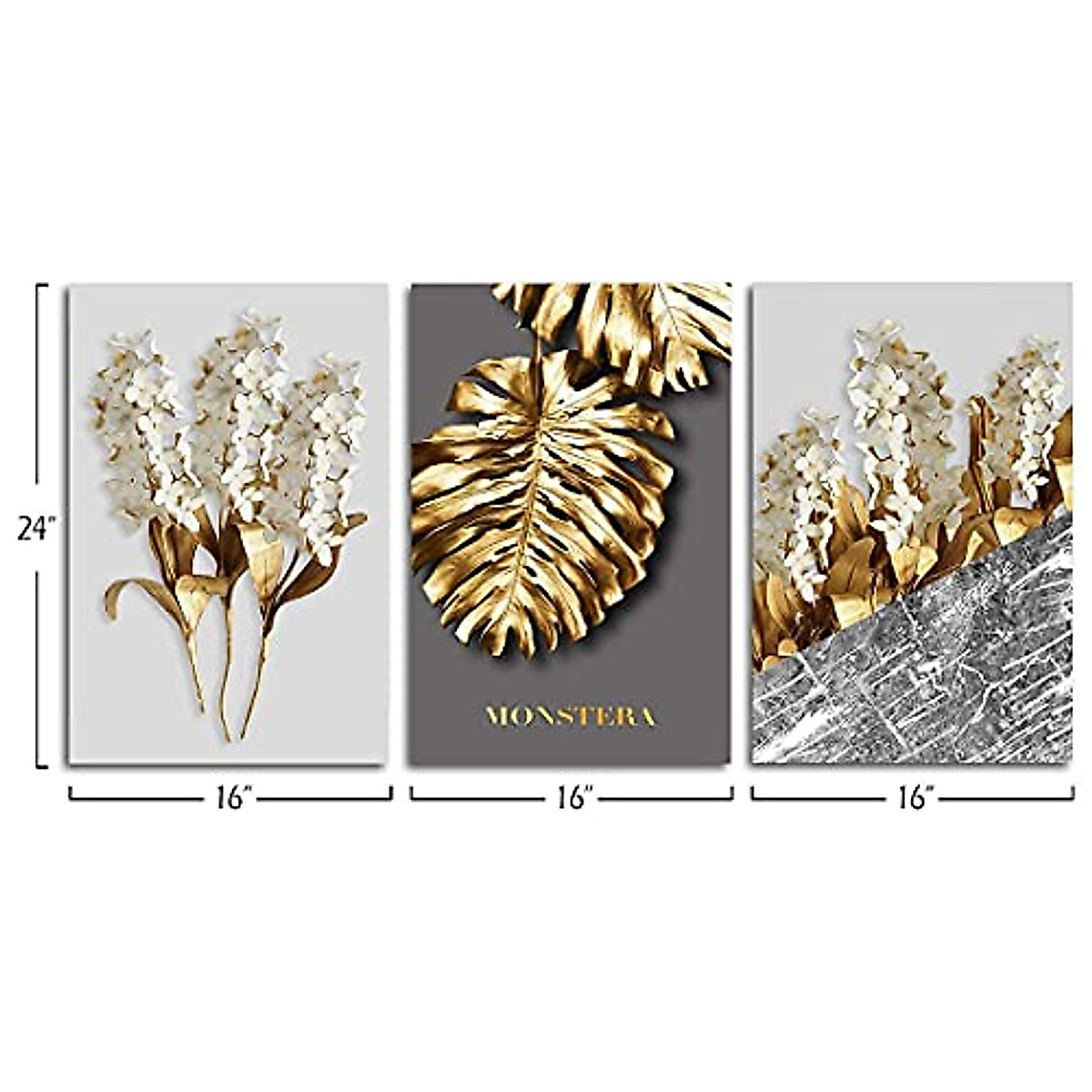 QTESPEII Large Modern Canvas Wall Art Hyacinth Painting White Flower Gold Leaf Canvas Prints for Living Room Bedroom Office Wall Decor Framed Home Office Walls Decorations, 16"x24" 3 Pieces