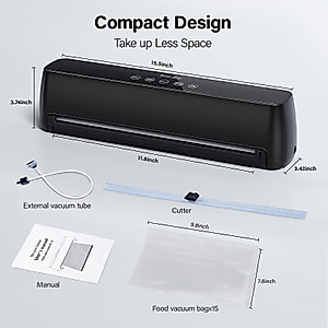 BYUVEVSR Fully Automatic Vacuum Sealer Machine, Hands-Free Operation 5 Functions, Suitable for Sealing Dry and Wet Foods, LED Indicator Compact Design Includes 15 Bags Black 14.9 x 5.9 x 2.28 AP-10-B