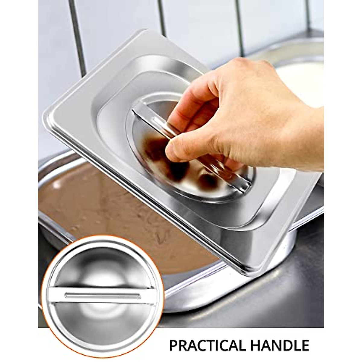 QWORK Solid Pan Lid with Handle, 4 Pack Stainless Steel Steam Table Pan Cover for 1/6 Size Steam Pans