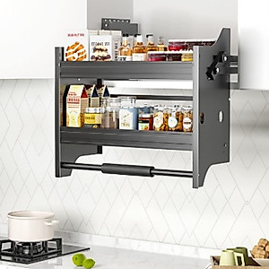 LOYALHEARTDY Pull Down Shelf, 22.2 Inch Drop Down Shelf High Cabinet Pull Down Shelf for Kitchen 2-Tier Adjustable Large Wall Pull Down Shelf, Black