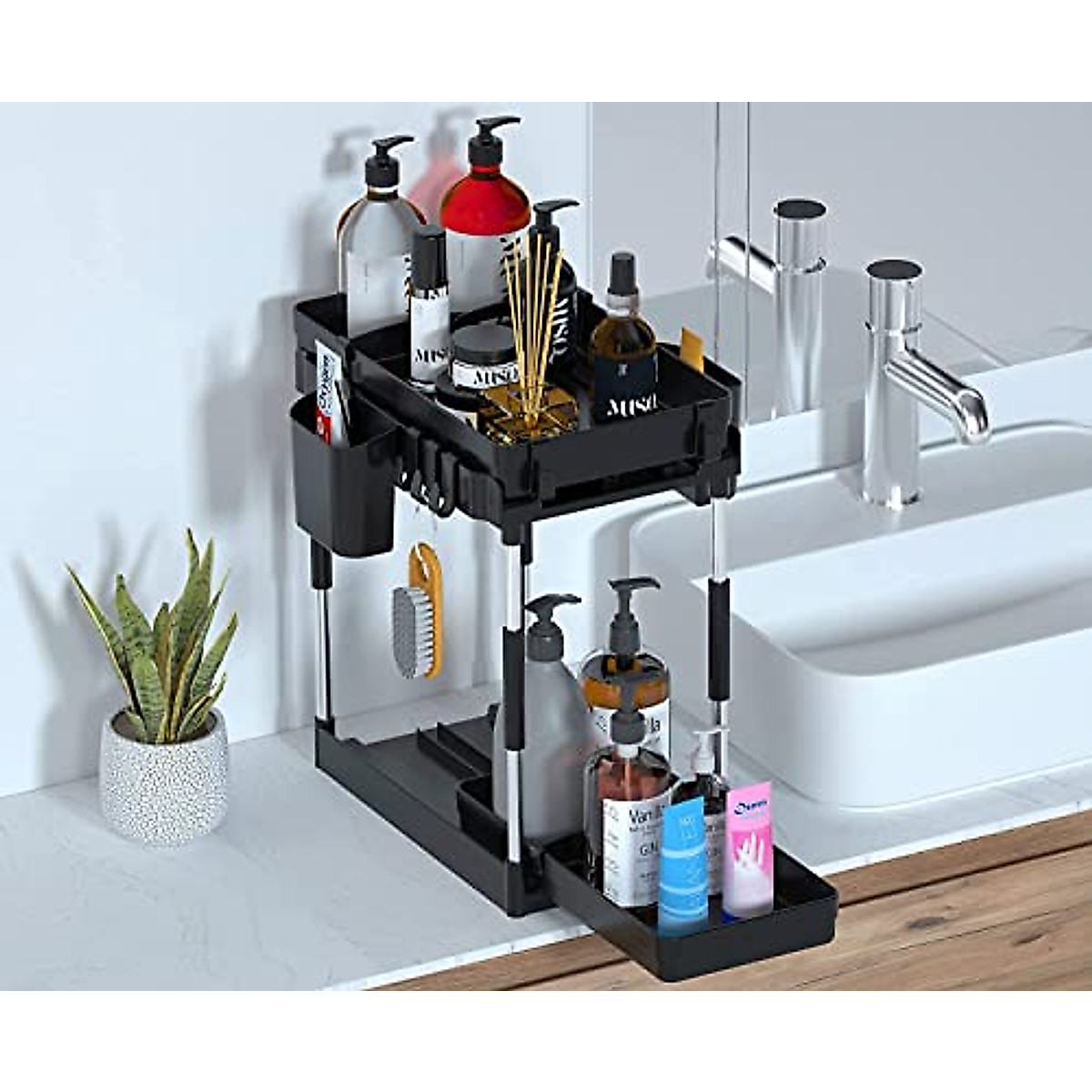 Double Sliding Under Sink Organizers and Storage - 2 Tier Pull Out Under Kitchen Cabinet Organizer w 4 Hanging Cup,8 Hooks,4 Dividers, Under Counter Sink Organization for Bathroom, Adjustable H and W