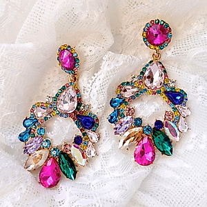 BelleKarat Rhinestone Statement Large Dangle Earrings for Women Sparkly Crystal Colorful Fashion Earrings with Earring Lifters (Multicolor)