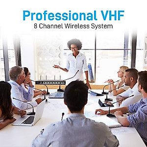 Pyle 8 Channel Wireless Microphone System - Portable VHF Cordless Audio Mic Set with 1/4" and XLR Output, Dual Antenna, - Includes 8 Table Top Mics, Rack Mountable Receiver Base - Pyle PDWM8300,Black