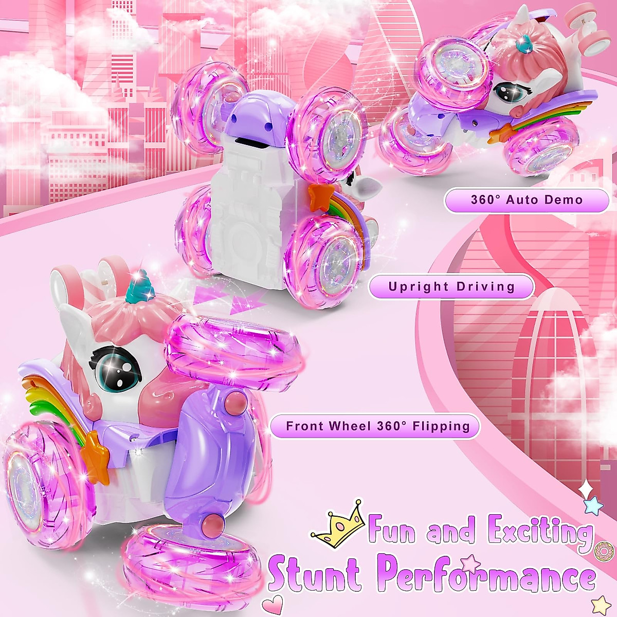 Unicorn Remote Control Car for Girls, 360° Rotating 4WD Stunt RC Cars with Cute Lights, Rechargeable Car Toys Birthday Gifts for Kids Girl Age 3 4-6 6-8