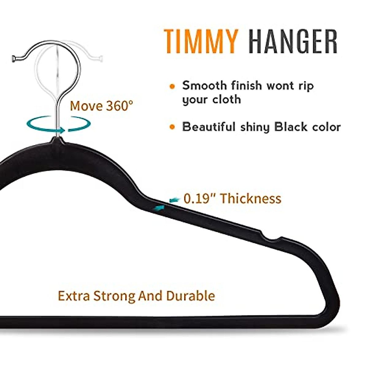 TIMMY Hangers 50 Pack Clothes Hangers, 17.5inch Heavy Duty Pants Hangers Space Saving Non Slip Coat Hanger 360º Swivel Hook, Big Black Hanger