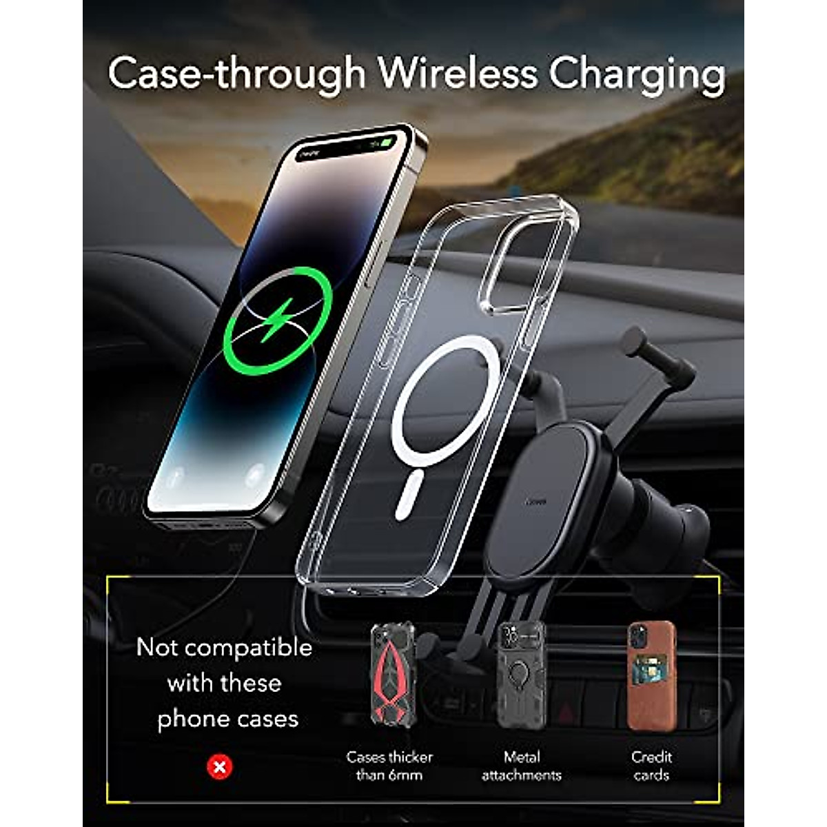 Wireless Car Charger, Baseus 15W Fast Charging Phone Mount for Car Vent, Car Phone Holder with Enlarged Charging Coil for iPhone 14 13 12 11 10 8 Pro Max Xs, Samsung Galaxy S&Note Series Google LG etc