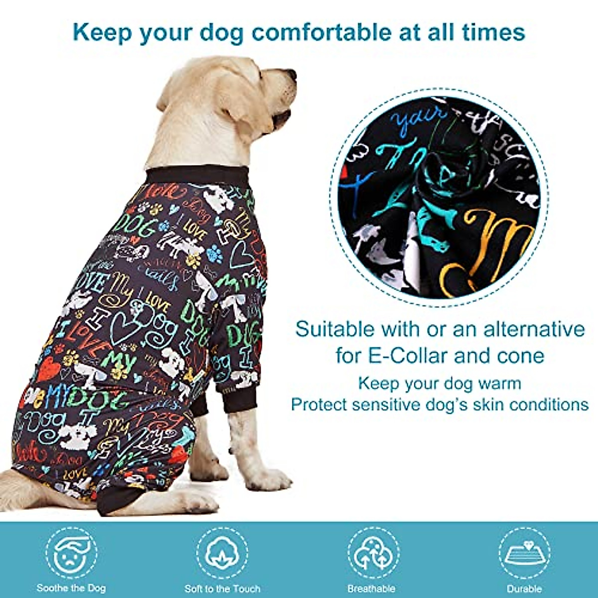 LovinPet Large Dog Pajamas, Wound Care/Post Surgery Shirt, UV Protection, Love My Dog Text on Black Print, UV Protection, Pet Anxiety Relief, Large Dog Onesies, Pet PJ's/Medium