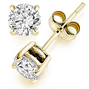 Houston Diamond District 1 Carat Solitaire Diamond Stud Earrings 18K Yellow Gold Round Brilliant Shape 4 Prong Push Back (L-M Color, I1-I2 Clarity)