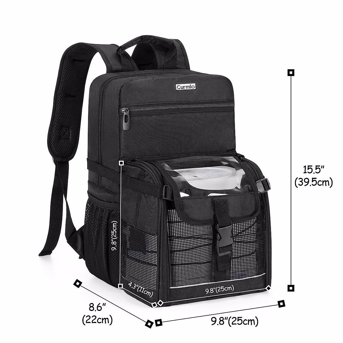 CURMIO Travel Backpack Compatible with Inogen, OxyGo and Caire Units, Portable Oxygen Concentrator Bag with Storage Compartment, Black (Bag Only, Patent Pending)
