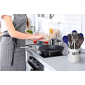 Home Acre Designs Kitchen Utensil Holder - Large Ceramic Farmhouse Countertop Crock, White/Silver