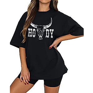 Howdy Shirt Women Western Vintage Bull Skull Graphic Tops Cowgirl Shirts Oversized T Shirts Casual Short Sleeve Tees