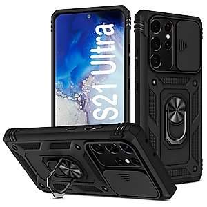 PASNEW for Samsung Galaxy S21 Ultra Case,360° Metal Ring Kickstand & Camera Cover Slide & Charge Port Dust Plug,Military Heavy Duty Full Body Shockproof Hard Shell for S21Ultra,6.8 inch,Black
