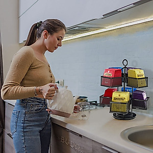 BUDO Tea Bag Organizer, Spinning Carousel Container with 8 Compartments, Up to 96 Tea bags Storage Holder, Lazy Susan Coffee Creamer Sweetener Tea Caddy for Kitchen Counter Pantry Organizer