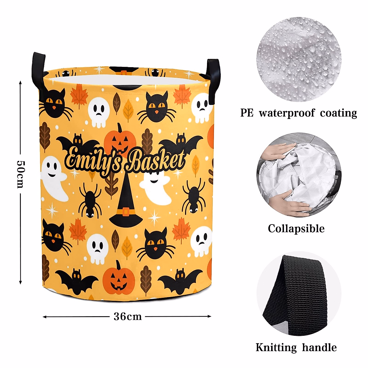 Halloween Ghost Pumpkin Personalized Freestanding Laundry Hamper, Custom Waterproof Collapsible Drawstring Basket Storage Bins with Handle for Clothes