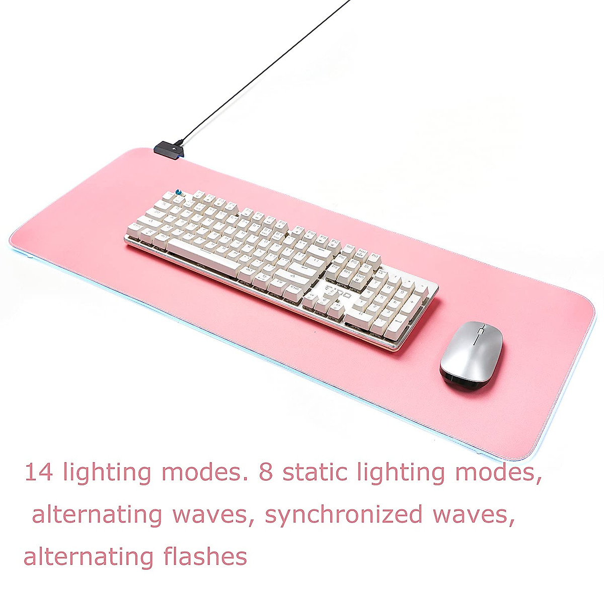 Pink RGB LED Gaming Mouse Pad, 14 Modes Glow Pad, Extra Large Gaming Mousepad，Waterproof Rubber Non Slip Cute Mat, Extended Big Keyboard and Mouse Pad Mat for Gamer, 31.5x12 x 0.16 Inch - Pink