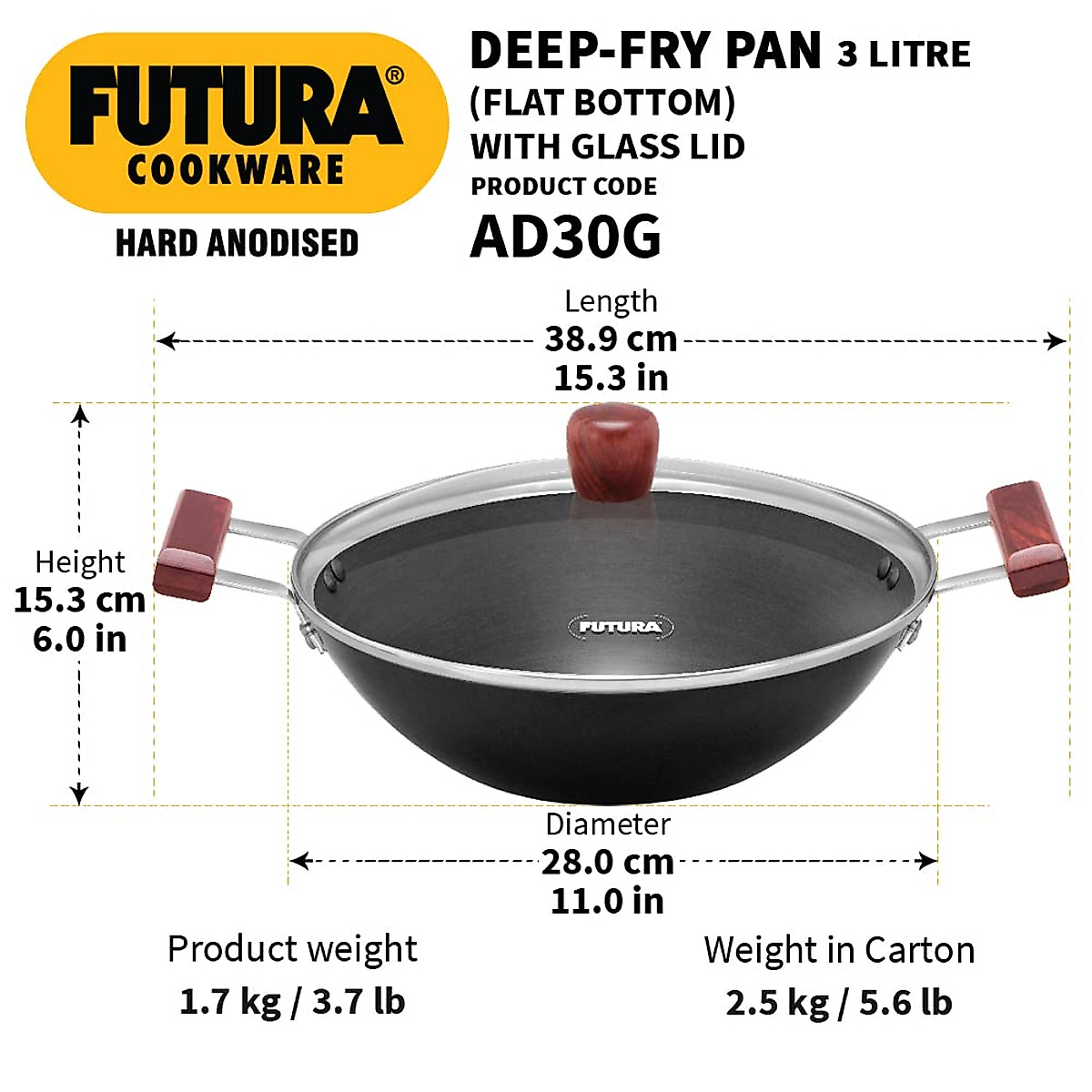 FUTURA Hawkins 3 Litre Deep Fry Pan with Glass Lid, Hard Anodised Kadai, Flat Bottom Kadhai, Black (AD30G)