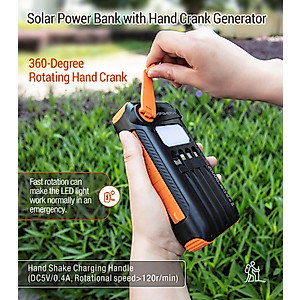 OOPOWEROO Solar Power Bank 20000mAh Built in Hand Crank and 4 Cables 22.5W Fast Charge Power Bank 5 Outputs & 5 Inputs Solar Portable Charger, SOS/Strobe/Strong Flashlights, Carabiner (Orange)