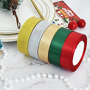 TONIFUL 5 colors Christmas Ribbon, 1 Inch x 125 yds Satin Ribbon Rolls, Red Green Gold Silver-Glitter Gold-Glitter Christmas Colors Set, For Gifts Wrapping Ornaments Hanging Christmas Tree Decorations