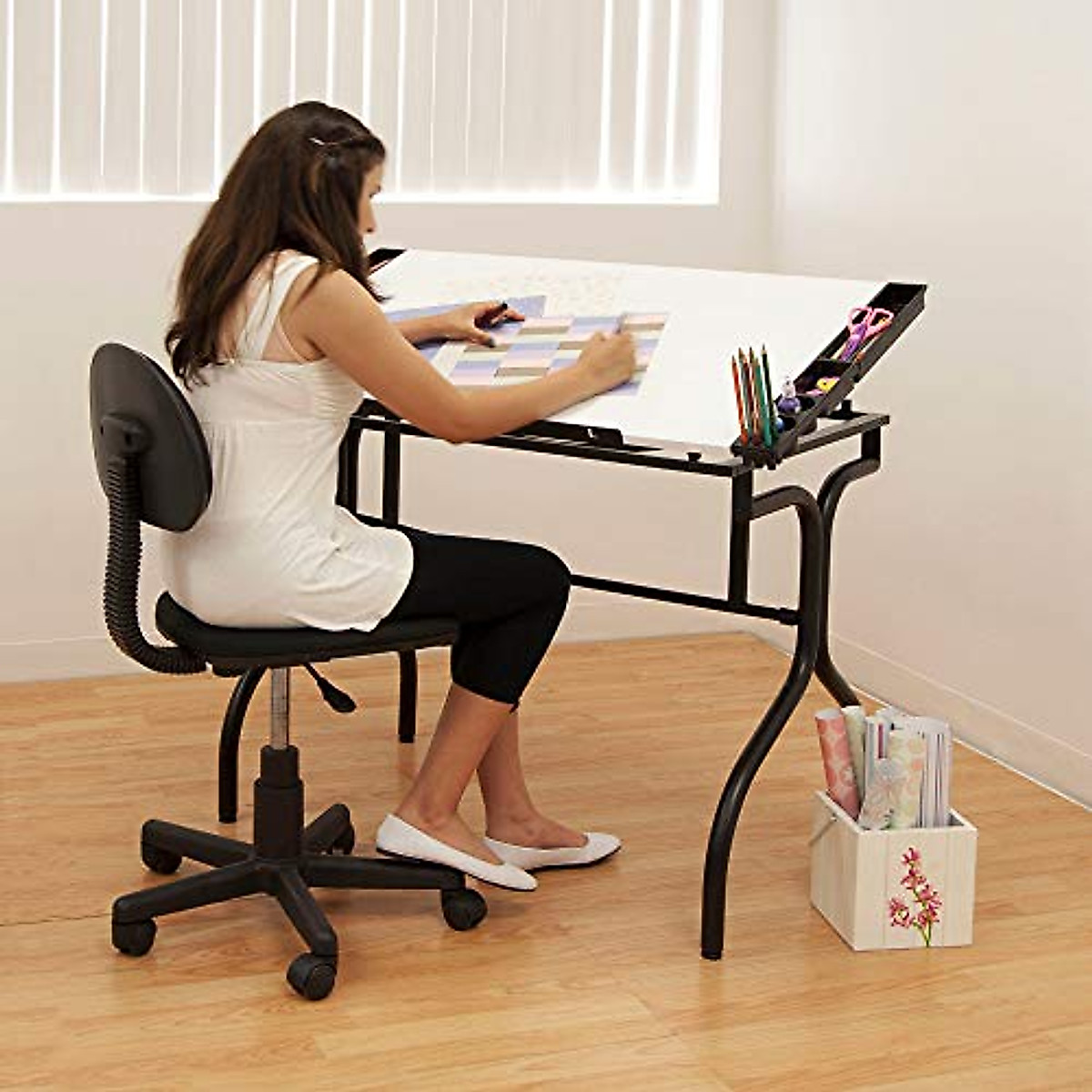 Studio Designs Folding Modern Top Adjustable Drafting Table Craft Table Drawing Desk Hobby Table Writing Desk Studio Desk, 35.25" W x 23.75" D, Black / White