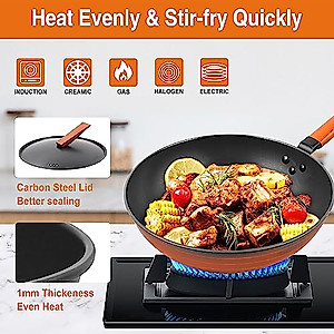 Anyfish Nonstick Wok 13.1 inch Stir-fry Wok Pan with Lid Pre-seasoned Carbon Steel Wok with Silicone Spatula No Chemical Coating Chinese Wok Flat Bottom for Induction, Coil Top, Electric, Gas Stove