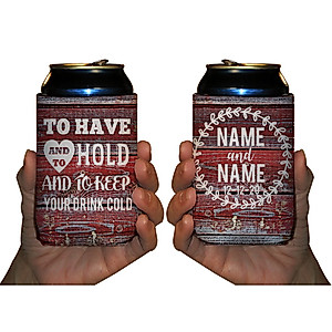 VictoryStore Can and Beverage Coolers: Customizable Red Barn wood “To Have And To Hold” Rustic, Vintage Wedding Can Coolers Design 3 (100)