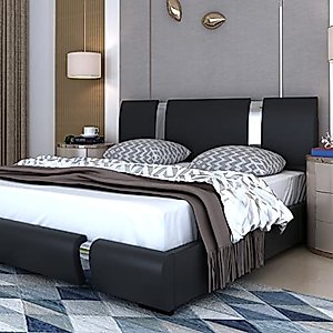 Benevika Bed Frame Queen Size with Adjustable Headboard, Modern Low Profile Platform Bed with Faux Leather,Mattress Foundation with Solid Wooden Slats Support,No Box Spring Needed,Black