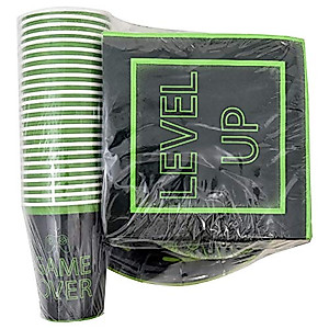 Gift Boutique Video Gaming Party Plates Supplies Set 24 9" Plate 24 7" Plates 24 9 Oz Cups 50 Luncheon Napkins for Gamer Birthday Decorations Gaming Themed Tableware- Level Up Game Over Game On