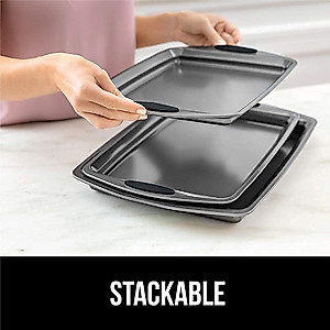 Gorilla Grip Non Stick Jelly Roll Baking Pans, Thick Warp Proof, 3 Piece, Durable Silicone Handles, Kitchen Oven Pan Bakeware Set, Cooking, Roasting Sets, Easy Clean, Set of 3, Black