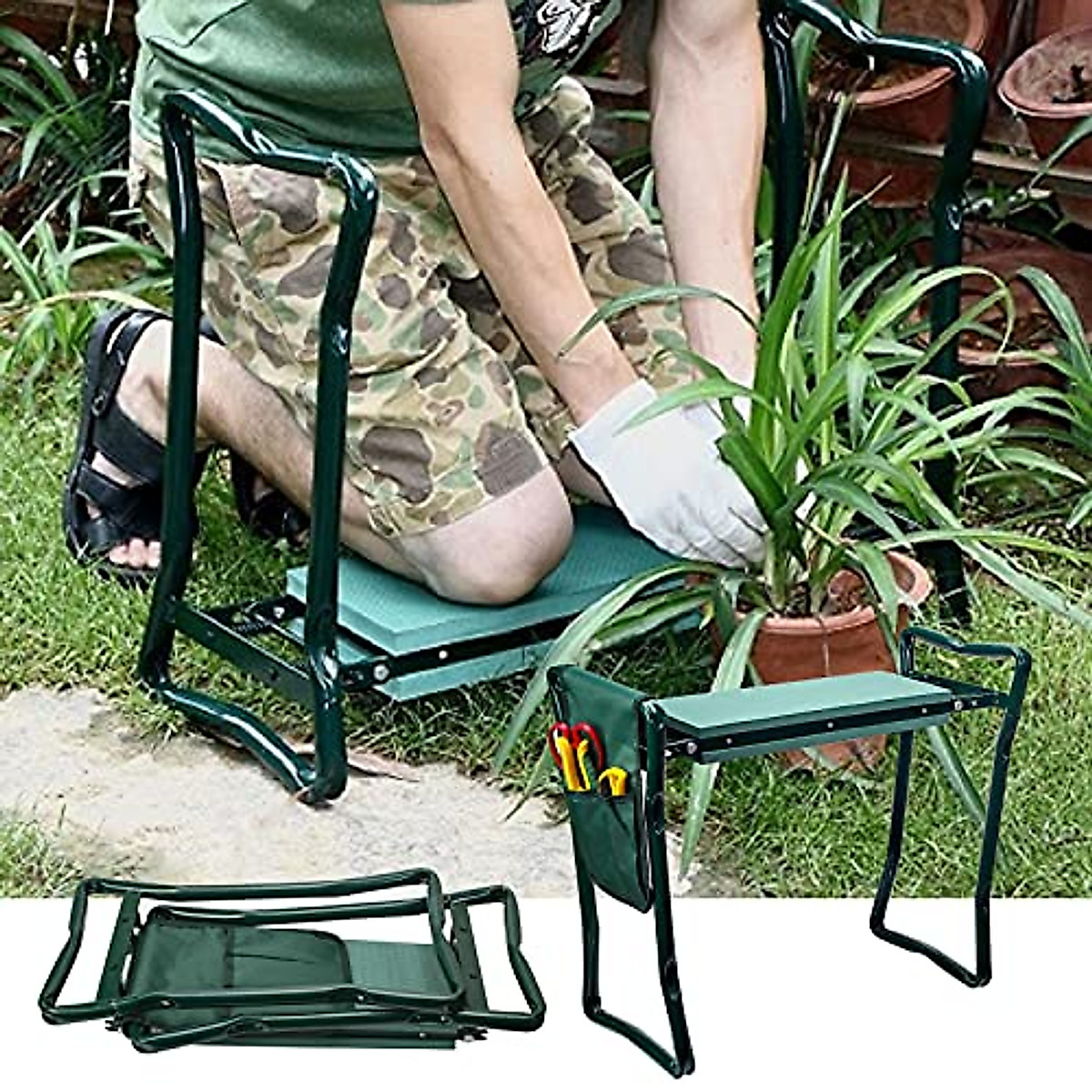 Heavy Duty Gardening Bench for Kneeling, Sitting Folding 2 in 1 Chair and Stool, Outdoor Knee Pads for Women/Men Floor Work Gifts, Free 2 Large Tool Pouch, Light-Weighted Sturdy Steel Pipe Structure